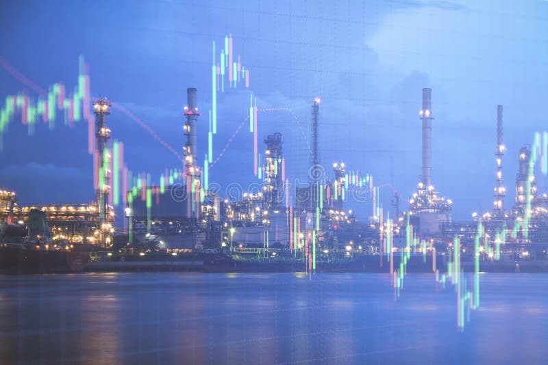 Oil Refinery with Candlestick Graph Background , Business and Financial ...