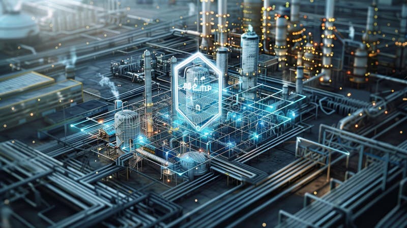 Oil Refinery Complex with Digital Shield Highlighting Cybersecurity for ...