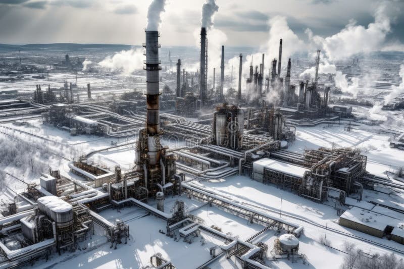Oil Refinery Complex at Work on a Cold, Winter Day, Generative AI Stock ...