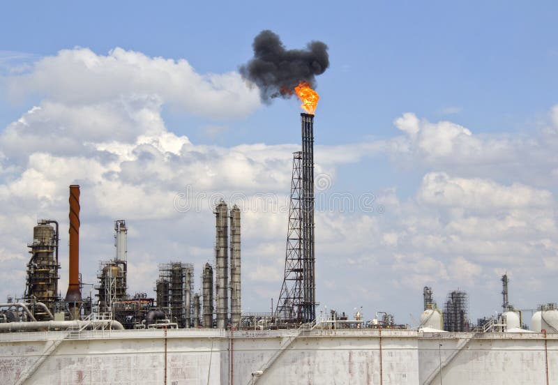 Oil Refinery with Fire and Smoke Stock Photo - Image of refinery ...