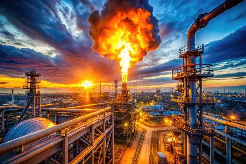 Oil Refinery Flare Stack Fire Release Pressure Relief System in Action ...
