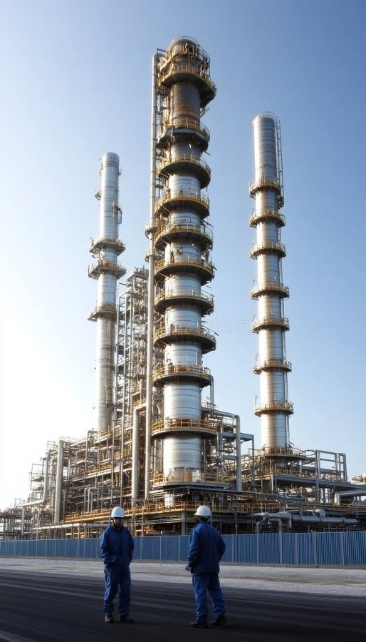 Oil Refinery and Gas Processing Plant with Two Engineers in Foreground ...