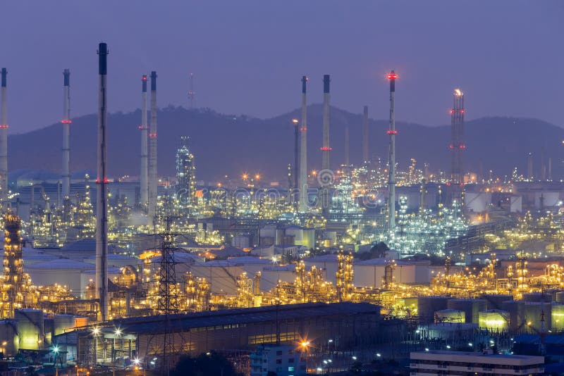 Oil Refinery Lights Night View with Mountain Stock Image - Image of ...