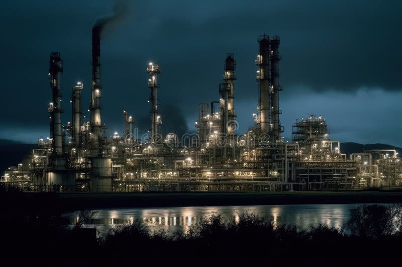 Oil Refinery at Night, AI Generated, Environmental Protection Stock ...
