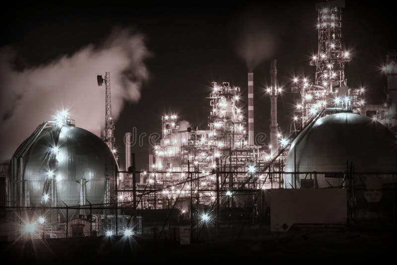 Oil refinery at night stock photo. Image of pollution - 46691254