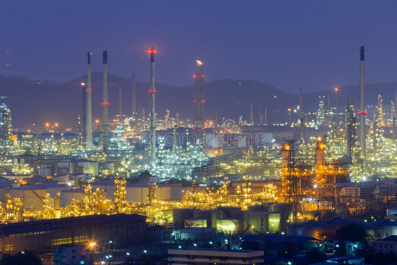 Oil Refinery Night Lights with Mountain Stock Image - Image of electric ...