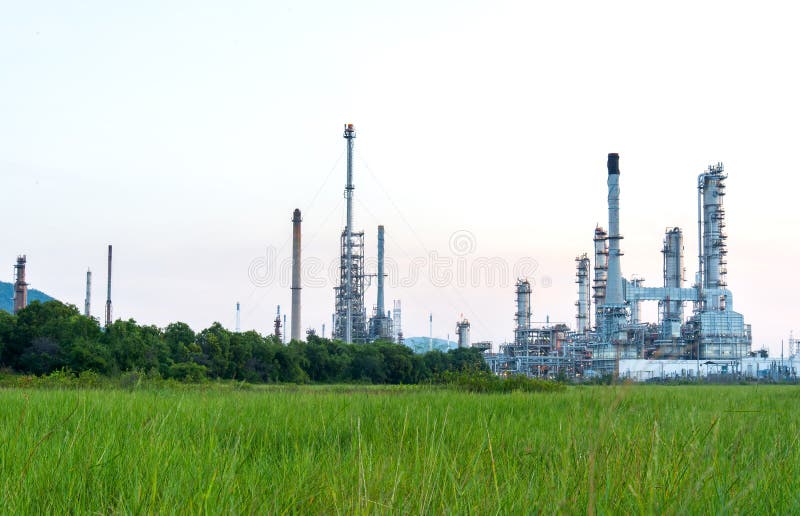Oil Refinery Building Plant and Construction Site at Twilight Stock ...