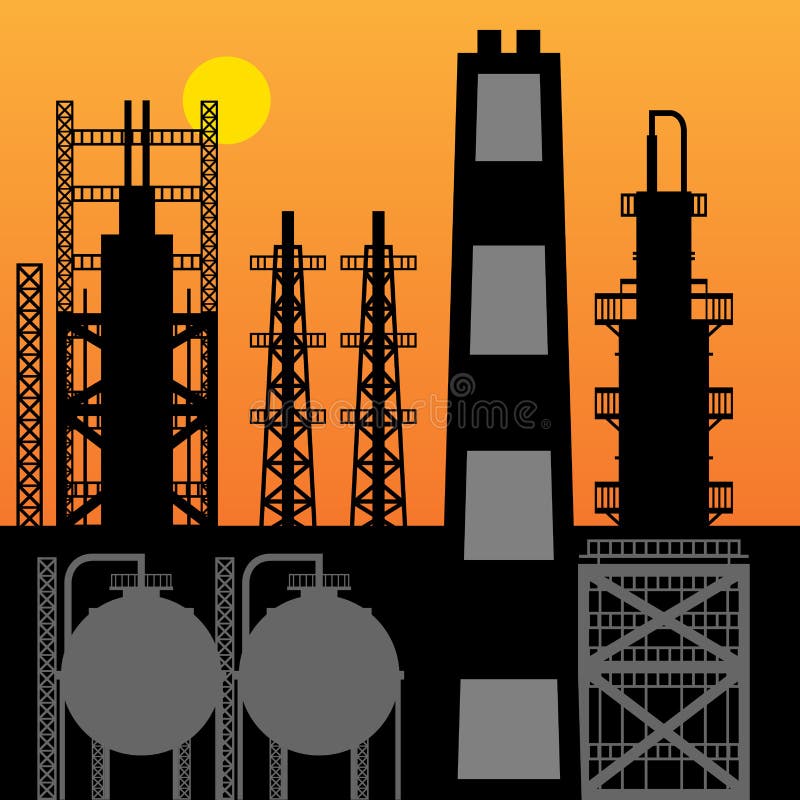 Oil Refinery Silhouette at Sunset Stock Vector - Illustration of ...