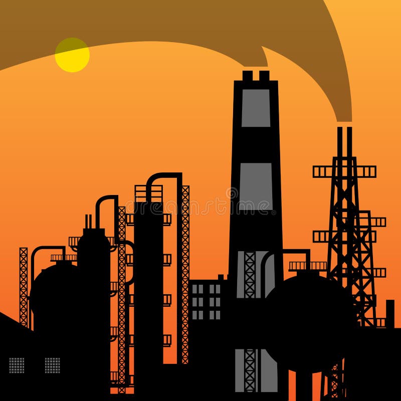 Oil Refinery Silhouette at Sunset Stock Vector - Illustration of ...