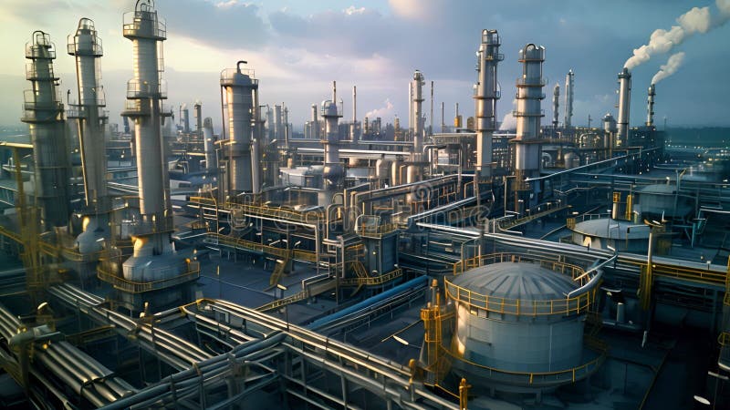 Oil Refinery: Smoke Stacks Emit Thick Smoke, Surrounded by Pipes ...