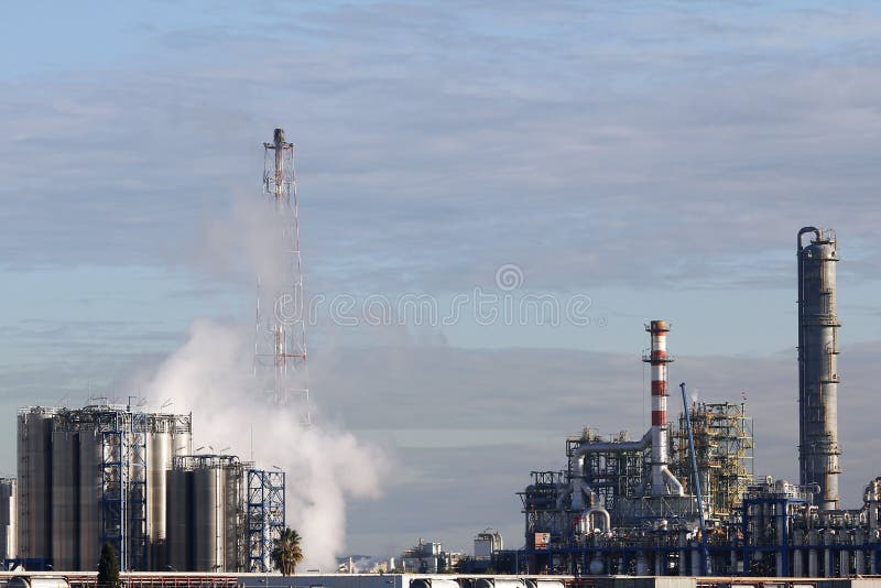 Oil refinery smoke stacks stock photo. Image of exhaust - 36157588