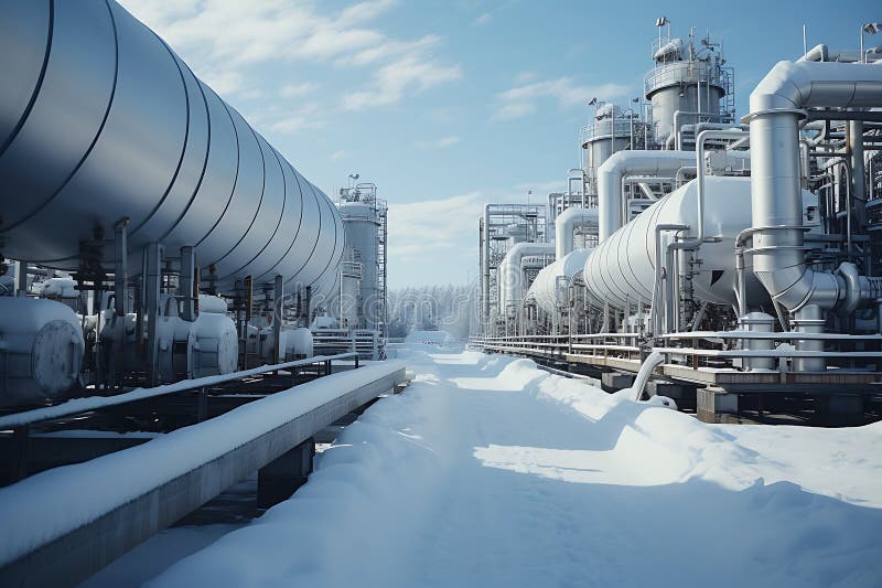 Oil Refinery in Winter with Snow and Blue Sky - 3d Rendering Stock ...