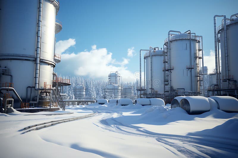 Oil Refinery in Winter with Snow and Blue Sky - 3d Rendering Stock ...
