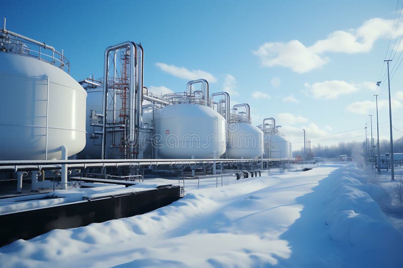 Oil Refinery in Winter with Snow and Blue Sky - 3d Rendering Stock ...