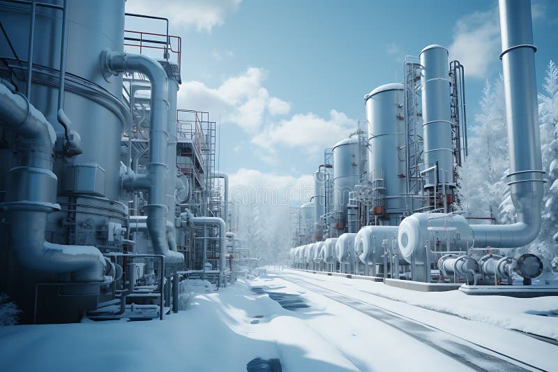 Oil Refinery in Winter with Snow and Blue Sky - 3d Rendering Stock ...