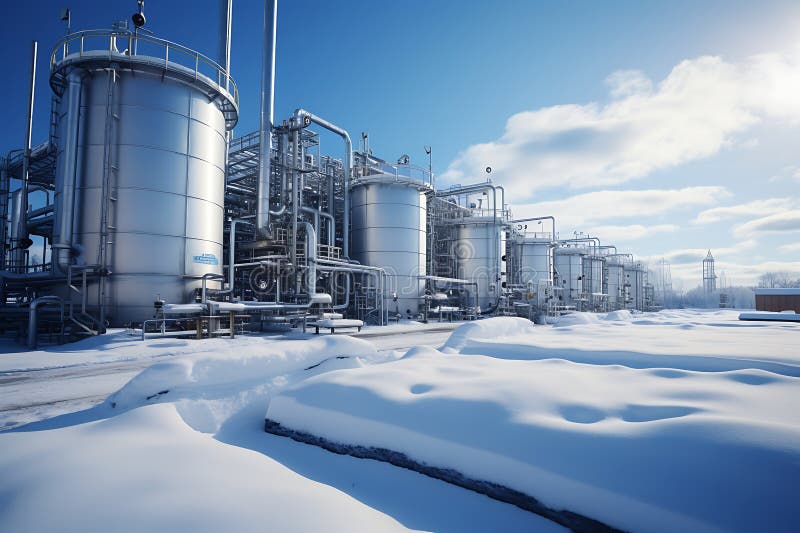 Oil Refinery in Winter with Snow and Blue Sky, Toned Image Stock Image ...