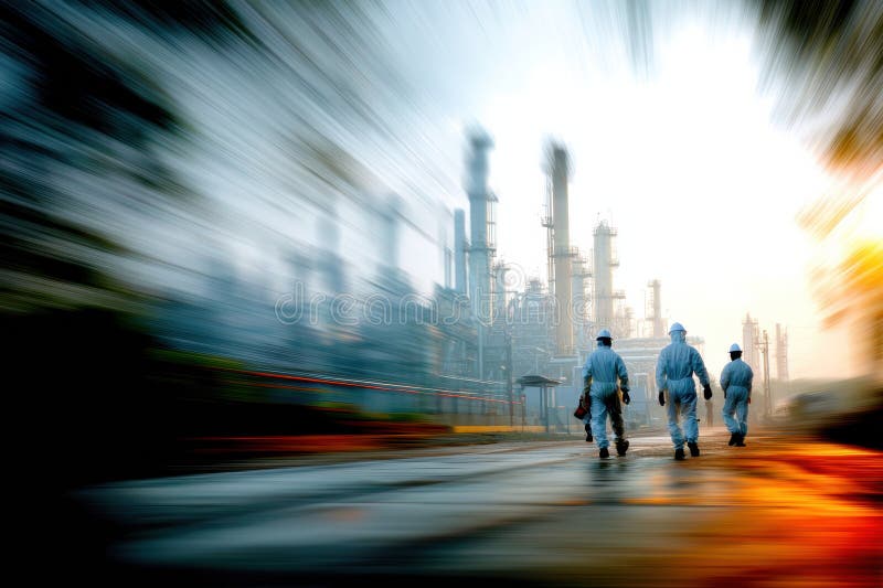 Oil Refinery Workers Walk in Safety Suits Towards Industrial Facility ...
