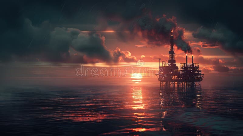 Oil Rig in Calm Sea at Sunset AIG535 Stock Photo - Image of profit ...