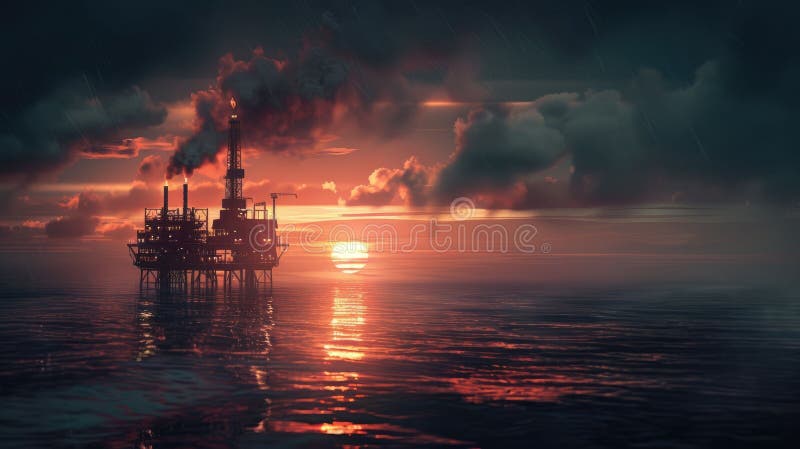 Oil Rig in Calm Sea at Sunset AIG535 Stock Image - Image of production ...