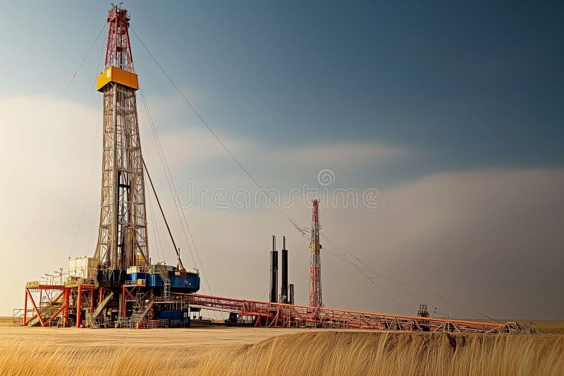 Oil Rig, Drilling Rig in a Field with Wheat at Sunset Stock Image ...
