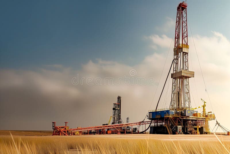 Oil Rig, Drilling Rig in a Field with Wheat at Sunset Stock Photo ...