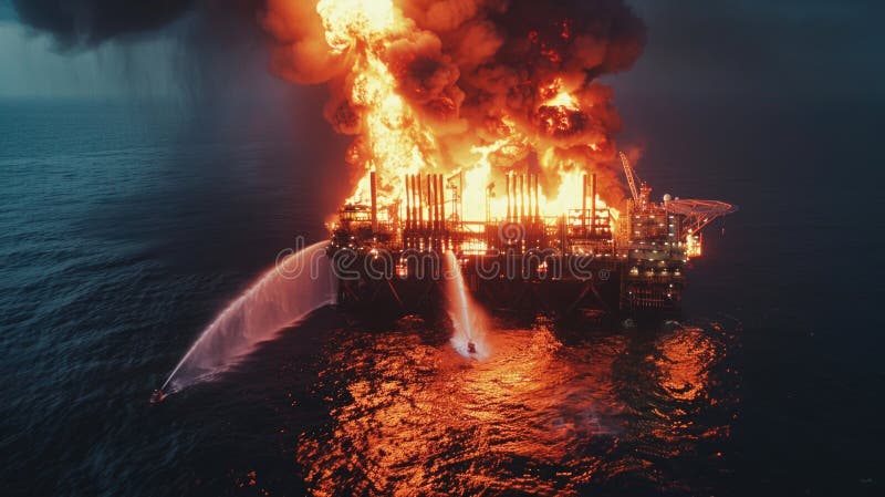 An Oil Rig Engulfed in Flames, a Cautionary Image for Environmental ...