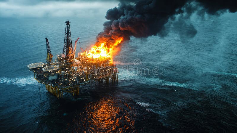 Fire on an Oil Rig in the Sea or Ocean Stock Illustration ...