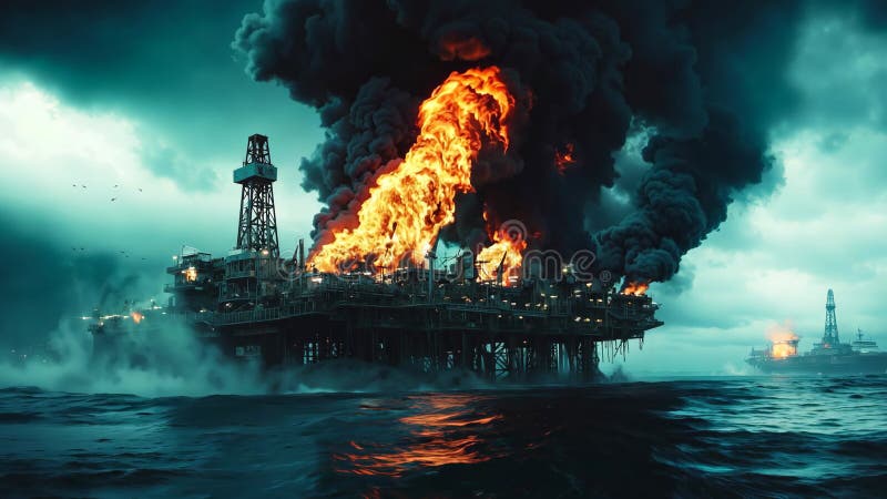 An Oil Rig on Fire in the Ocean Stock Video - Video of bright, fire ...