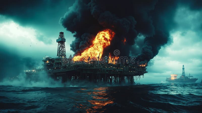An Oil Rig on Fire in the Middle of the Ocean Stock Image - Image of ...