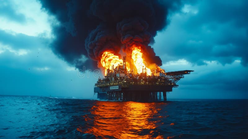 An Oil Rig on Fire in the Middle of the Ocean Stock Photo - Image of ...