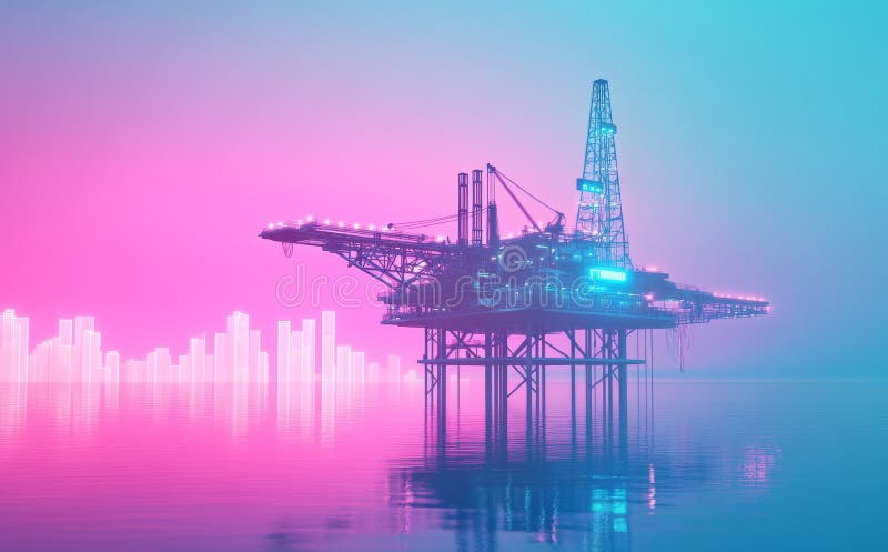 Oil Rig Glowing in a Serene Gradient Sky Over Calm Ocean Waters during ...