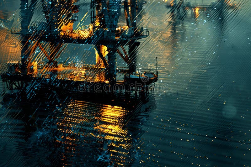 An Oil Rig Illuminated by Lights in the Dark Water at Night, Dramatic ...