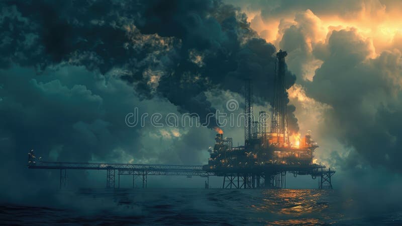 Oil Rig in the Middle of the Ocean with a Beautiful Sunset in the ...