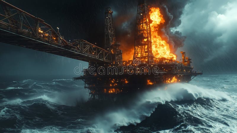 An Oil Rig in the Middle of the Ocean with a Bridge in the Background ...