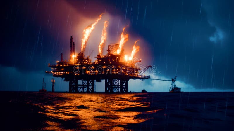 Oil Rig in the Middle of the Ocean with Flames Coming Out of it ...