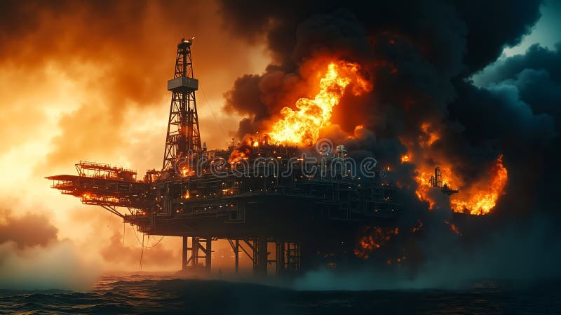 An Oil Rig in the Middle of the Ocean with a Large Fire in the ...