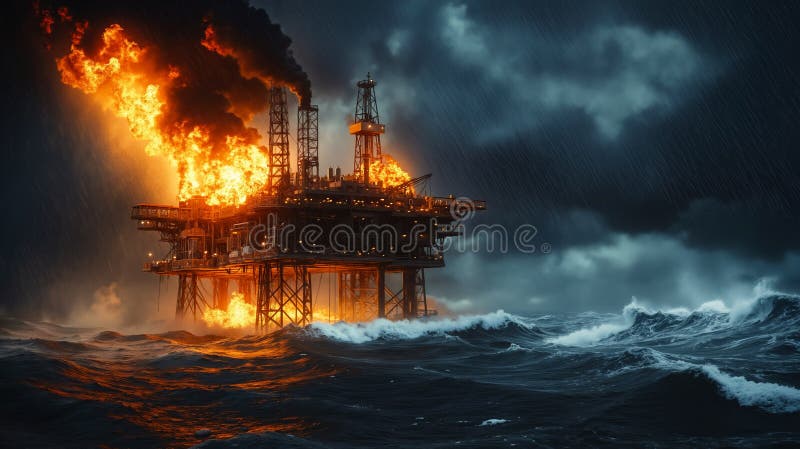 An Oil Rig in the Middle of the Ocean with a Large Fire Coming Out of ...