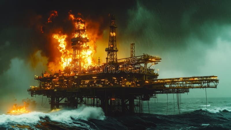 An Oil Rig in the Middle of the Ocean with a Large Fire Coming Out of ...