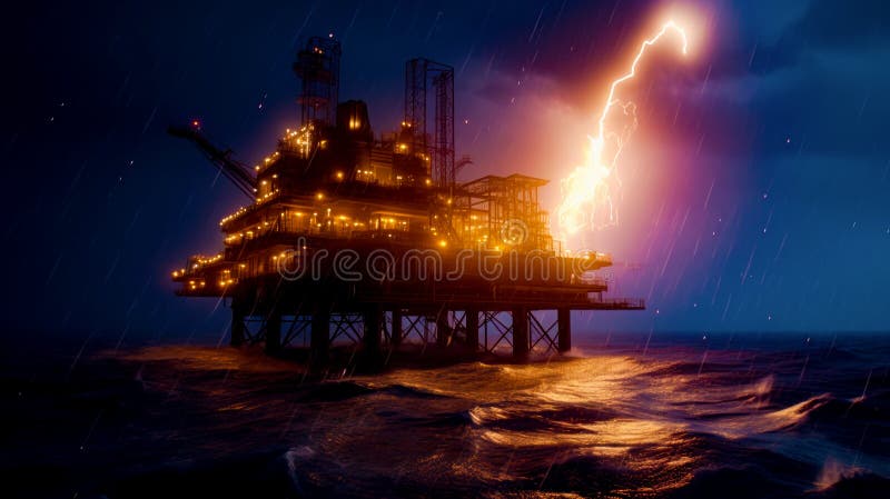 Oil Rig in the Middle of the Ocean with Lightning in the Background ...