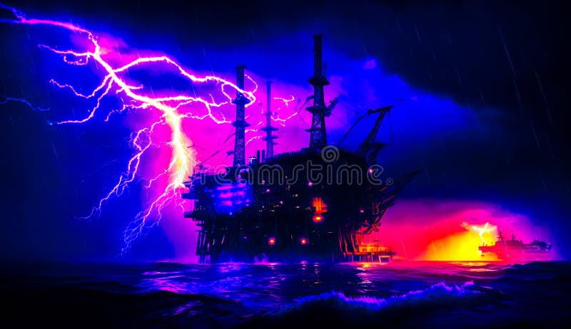 Oil Rig in the Middle of the Ocean with Lightning in the Background ...