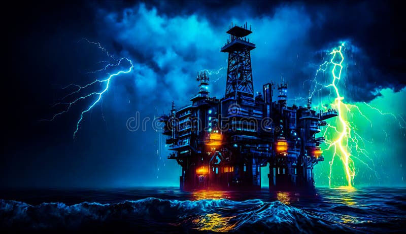 Oil Rig in the Middle of the Ocean with Lightning in the Background ...