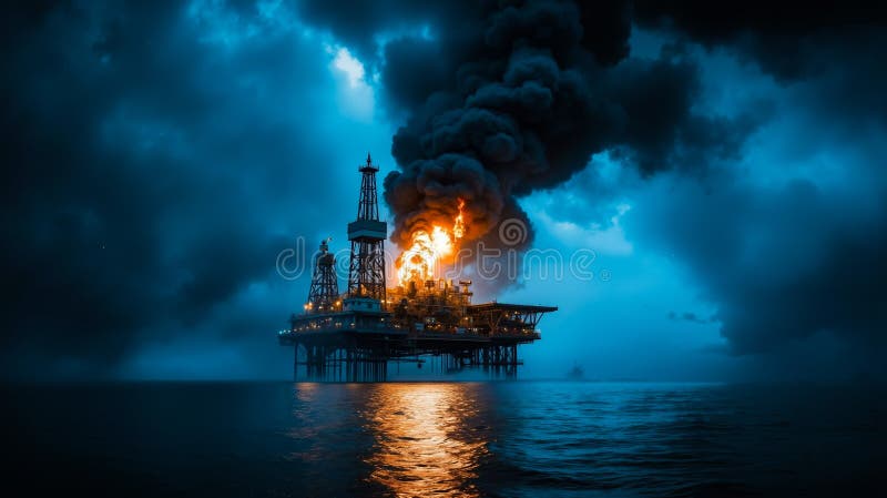 An Oil Rig in the Middle of the Ocean at Night Stock Image - Image of ...