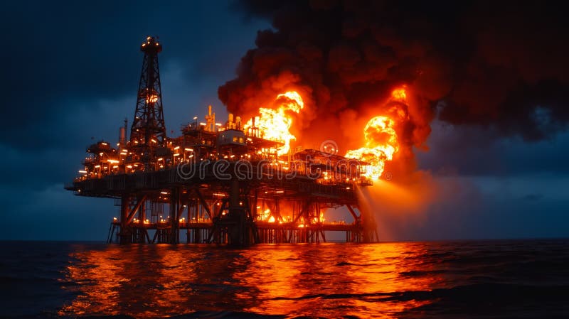 An Oil Rig in the Middle of the Ocean at Night Stock Image - Image of ...