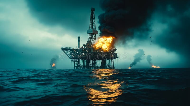 An Oil Rig in the Middle of the Ocean with Smoke Billowing Out of it ...
