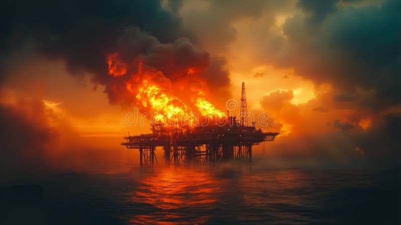 An Oil Rig in the Middle of the Ocean at Sunset Stock Image - Image of ...