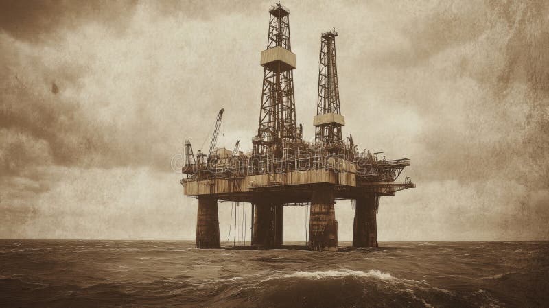 Oil Rig Stands Tall Against Stormy Skies while Surrounded by Rough ...