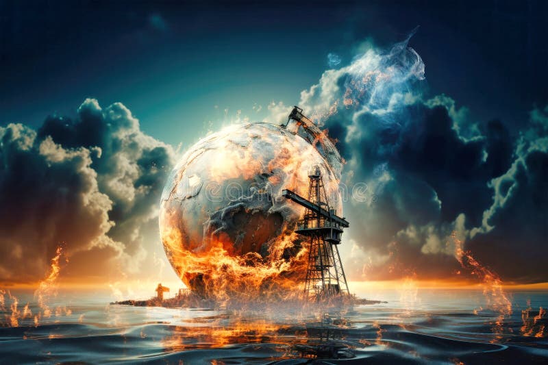An Oil Rig Pierces a Burning, Earth-shaped Sphere, Symbolizing the ...