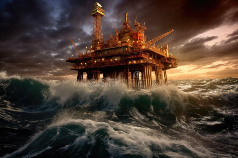 Oil Rig Platform with Dramatic Stormy Ocean Waves Stock Illustration ...