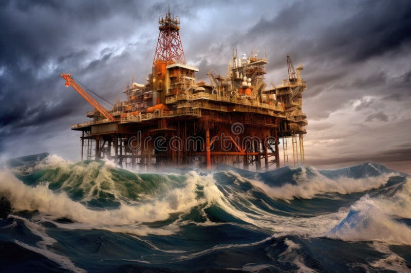 Oil Rig Platform with Dramatic Stormy Ocean Waves Stock Illustration ...