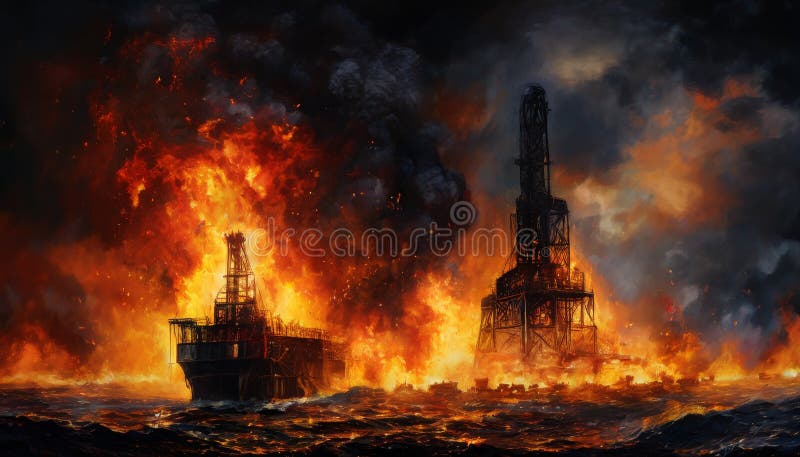 Oil Rig and Ship on Fire in a Dramatic Offshore Explosion Stock Image ...